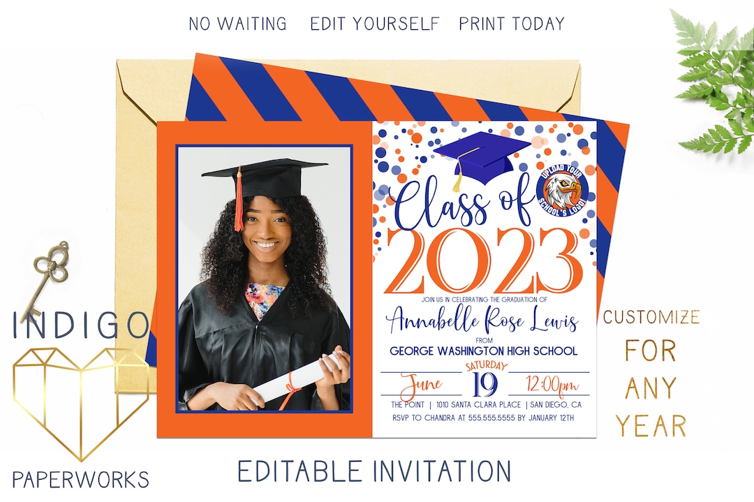 Printable 2025 Graduation Party Invitation With Photo, Orange & Blue ...