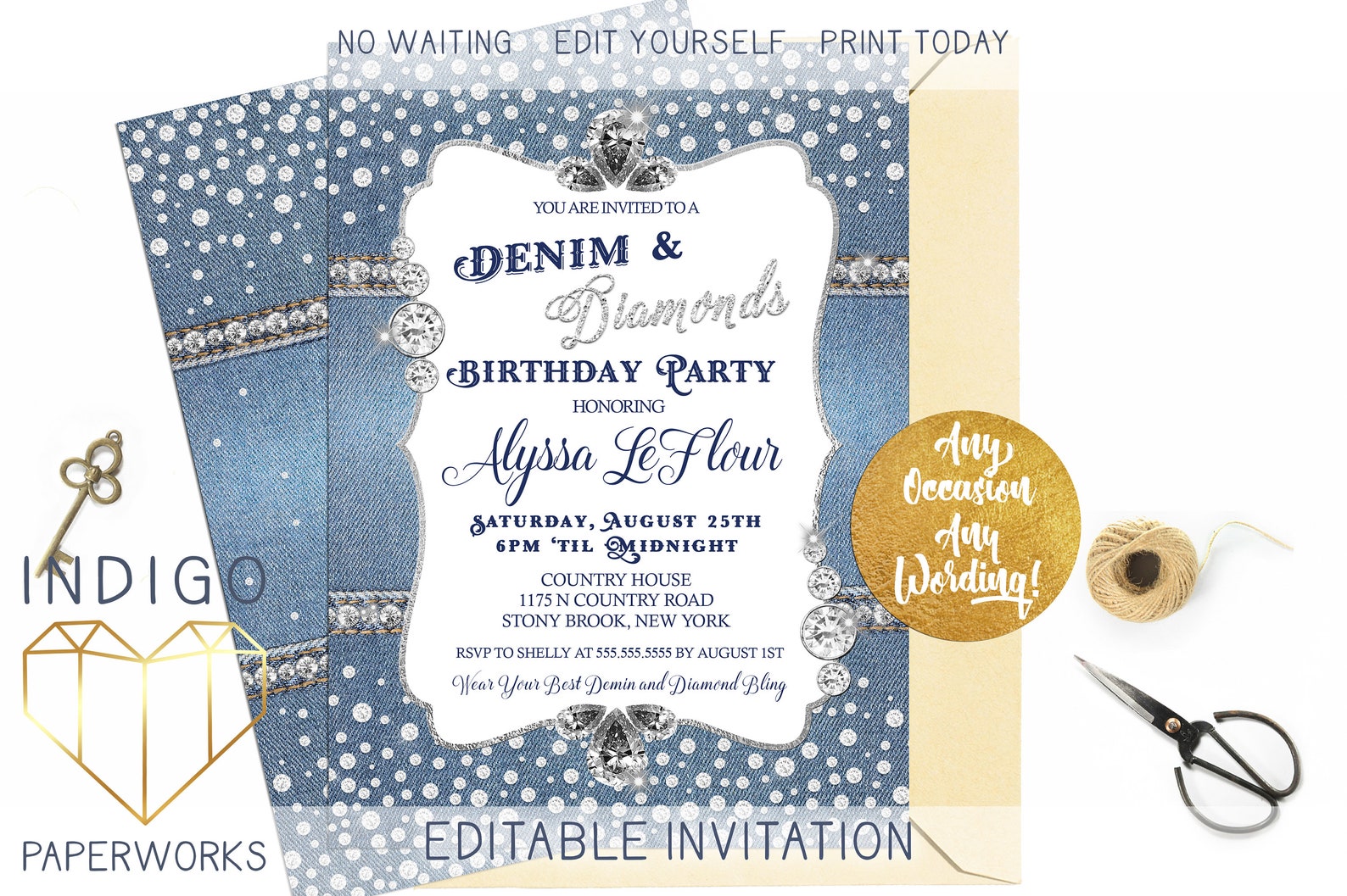 Denim and Diamonds Party Invitation Blue Jeans Bling Birthday - Etsy