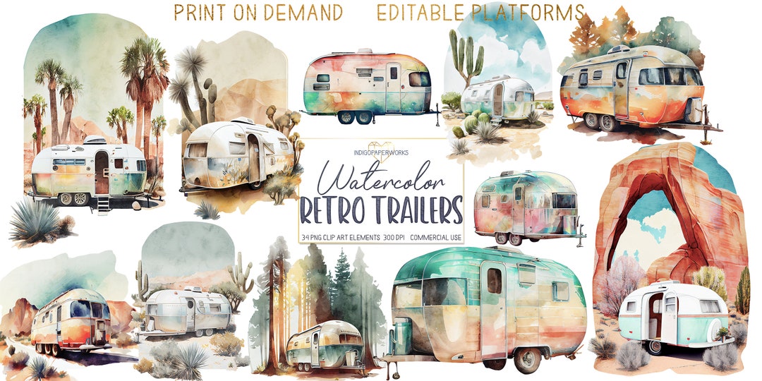 Watercolor Boho Camper Trailers & Trailer Camping Scene Clipart- 17 PNG ...