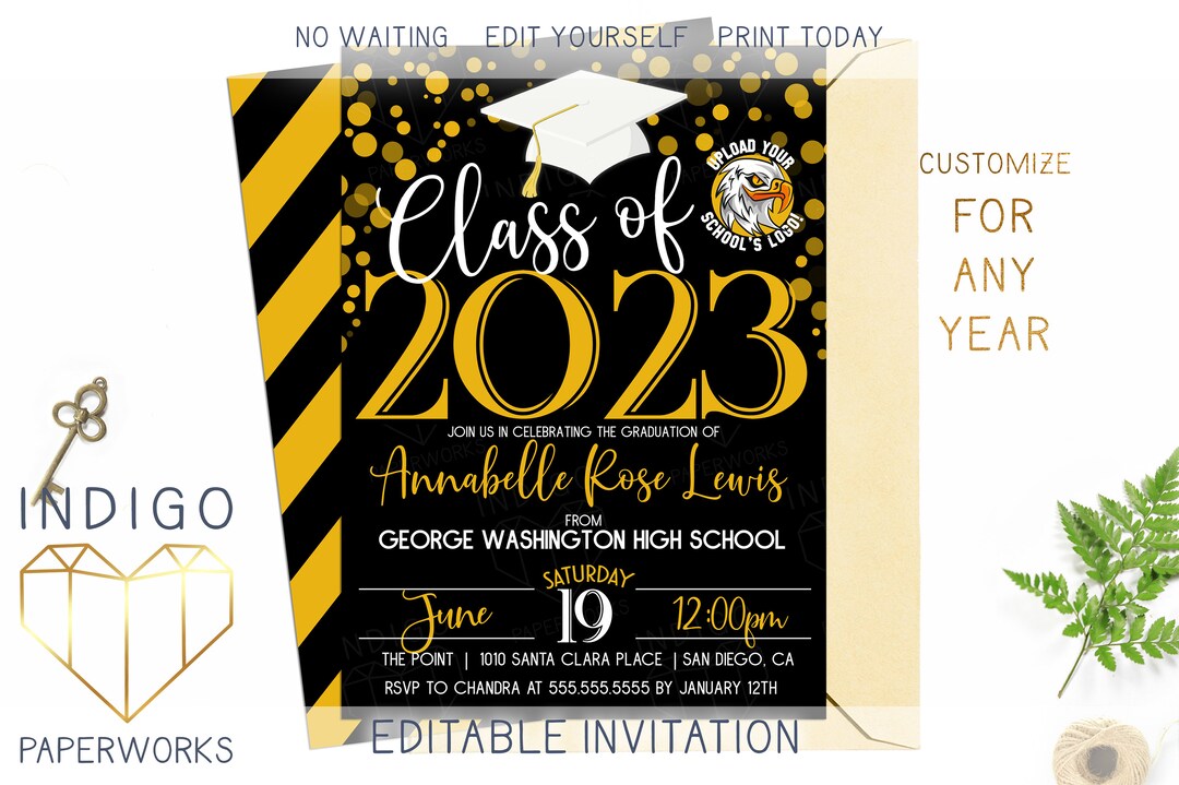 Printable 2023 Graduation Party Invitation, Black and Yellow Digital ...