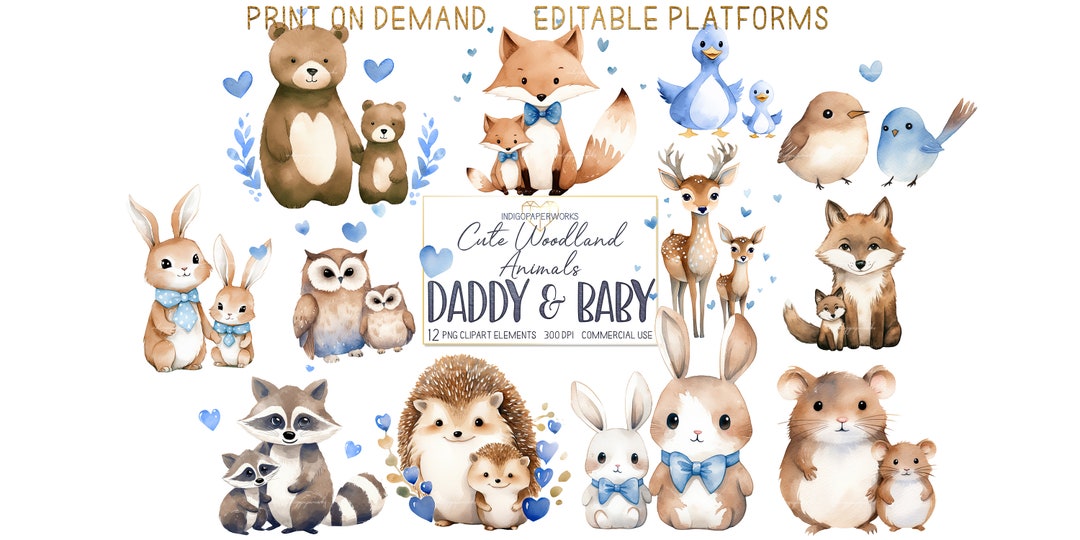 Watercolor Cute Father and Baby Animals Clipart- 12 Lovely Watercolor ...
