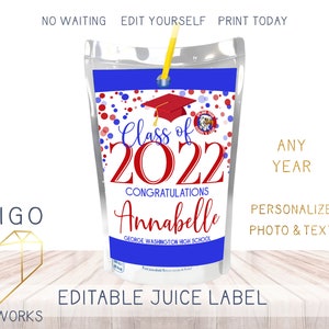Printable Class of 2023 Graduation Juice Label, Red White & Blue Modern ...