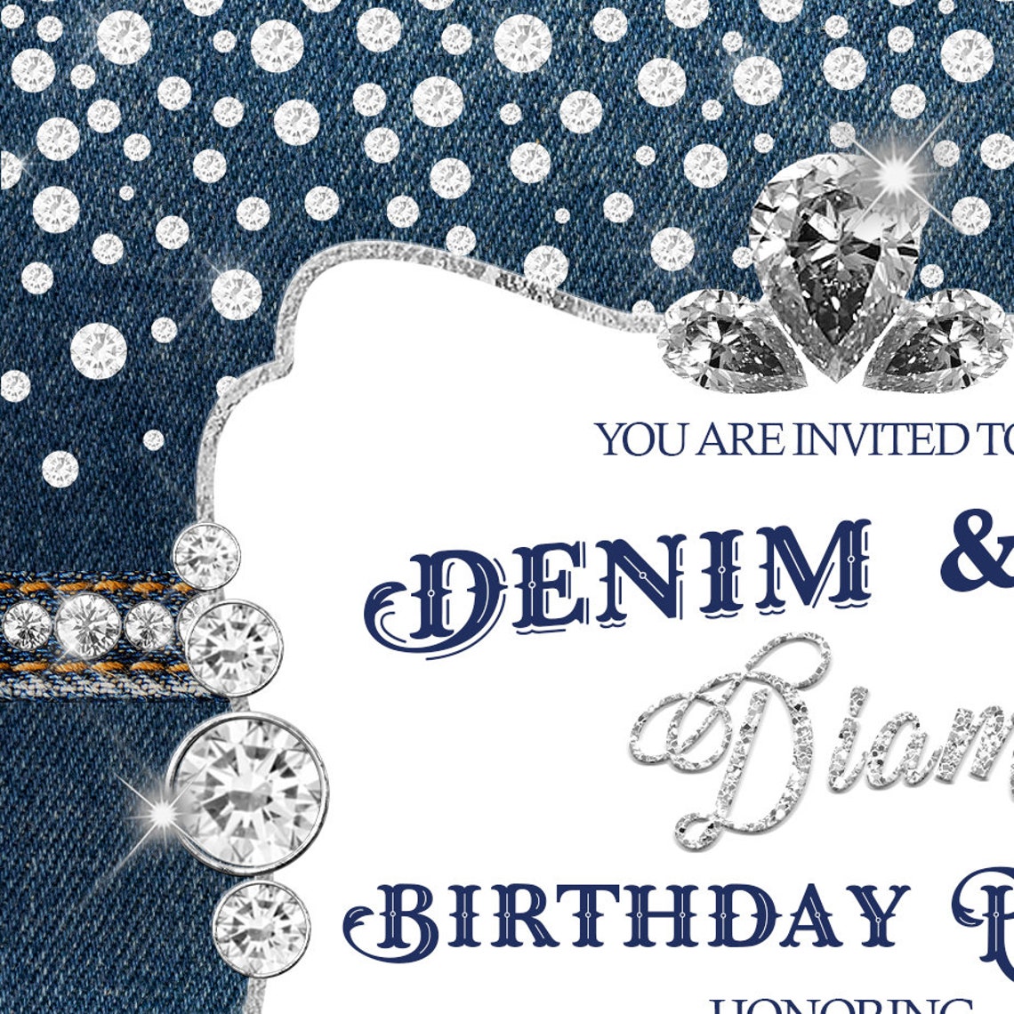 Denim and Diamonds Party Invitation Blue Jeans Bling Birthday - Etsy