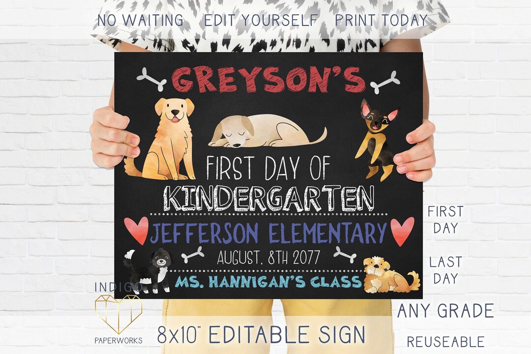 Printable Puppy Dog First Day of School Chalkboard Sign, Reusable Last ...
