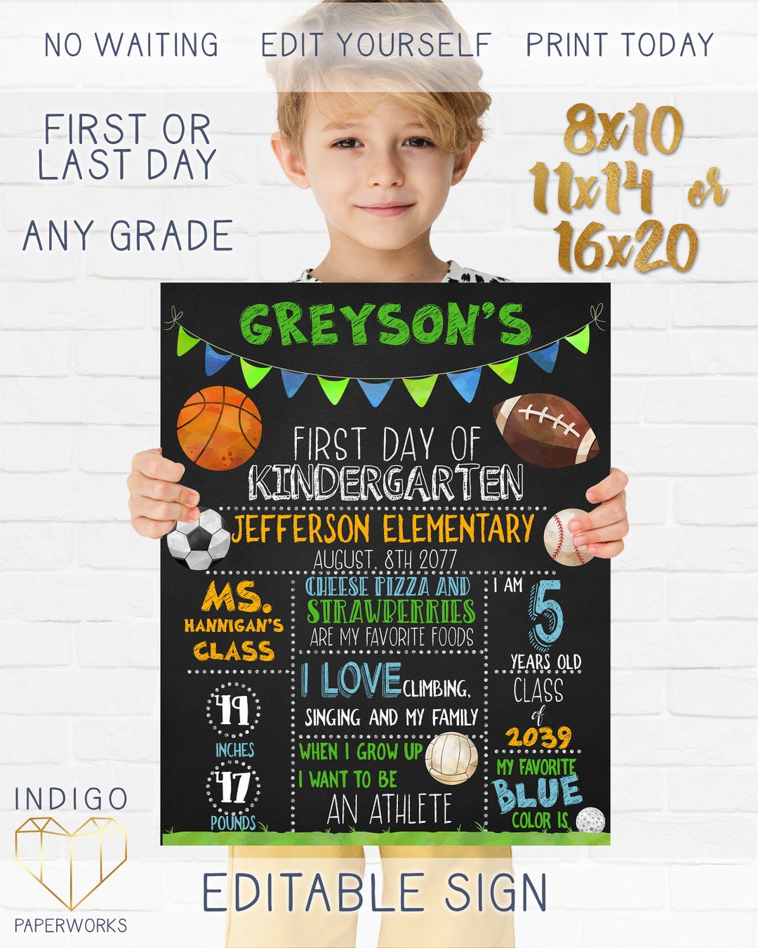 Printable Sports First Day of School Chalkboard Sign, Boy's Reusable ...
