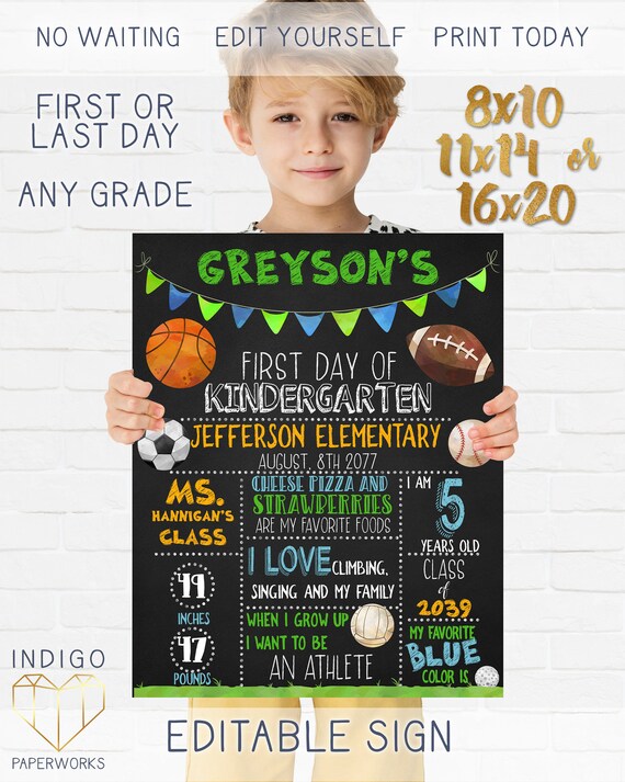 Printable Sports First Day of School Chalkboard Sign | Etsy