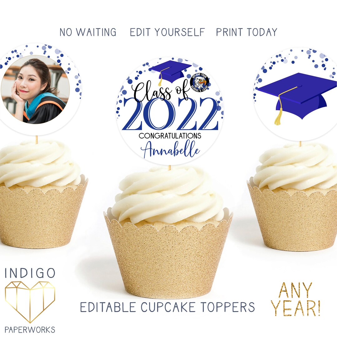 Printable 2023 Graduation Cupcake Toppers, Navy and White Grad Party ...
