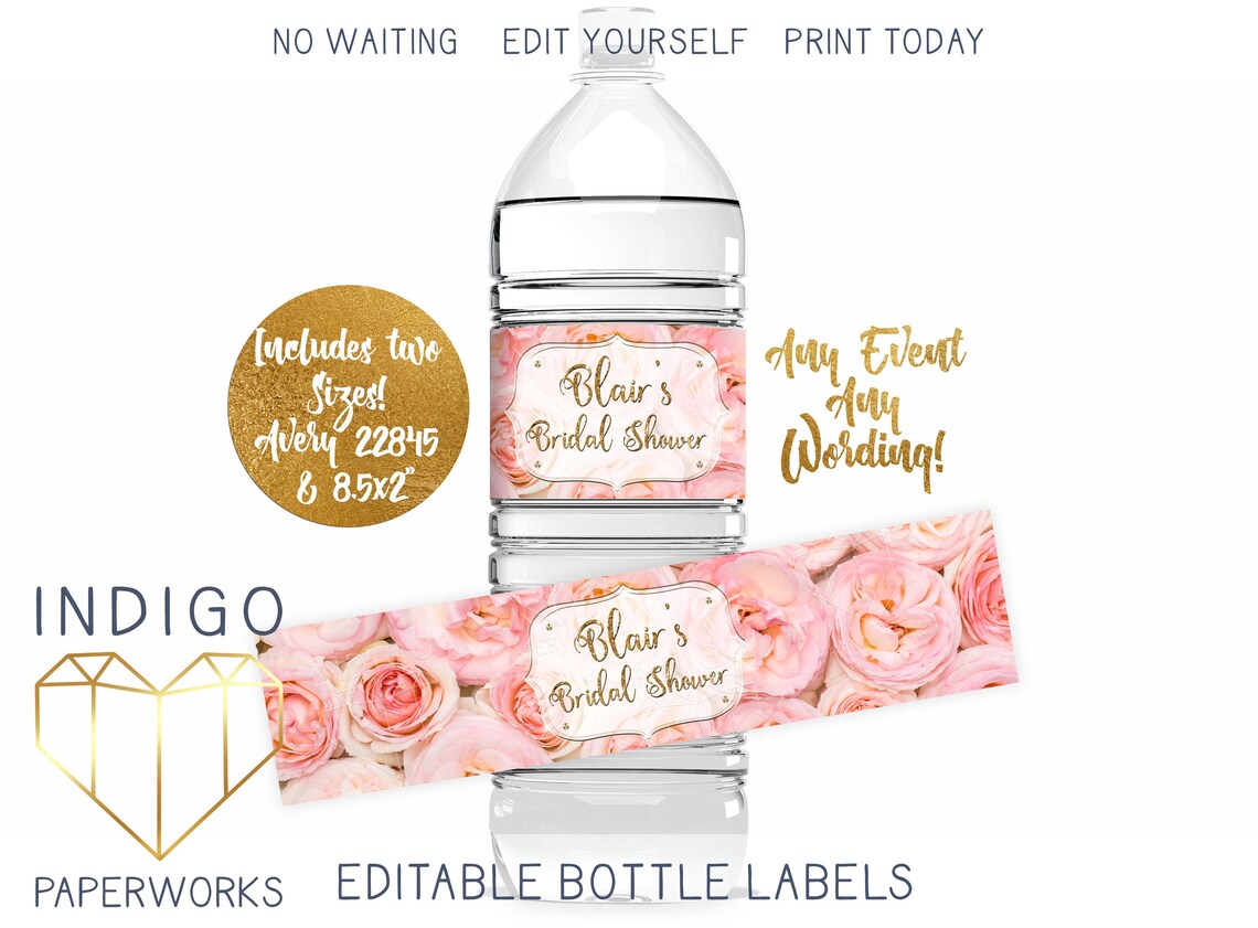 Printable Rose Garden Water Bottle Label Gold Modern Bridal - Etsy