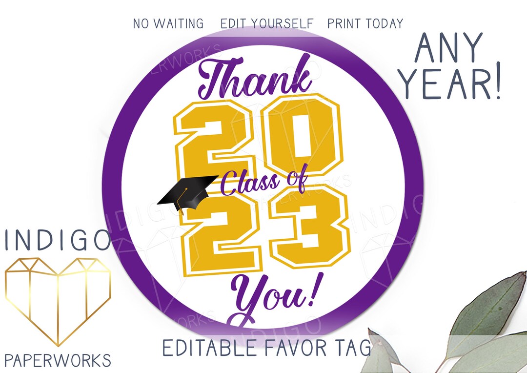 Printable Class of 2023 Graduation Favor Tag, Purple and Gold Thank You ...