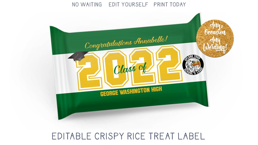 Printable 2025 Graduation Crispy Rice Treat Label, Grad Green and ...
