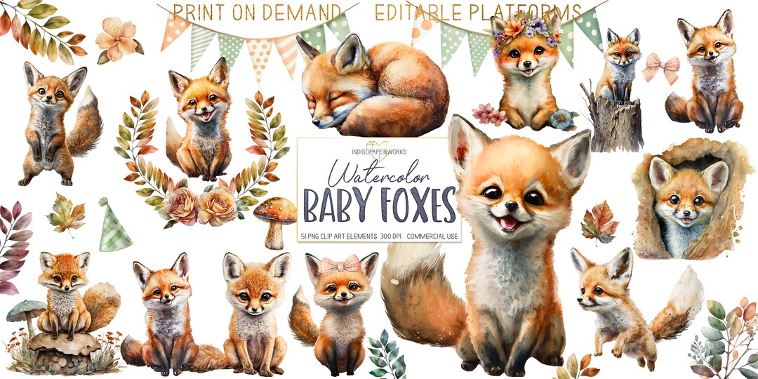 Baby Fox Watercolor Art Clipart- 39 PNG Cute Baby Foxes With Flowers ...