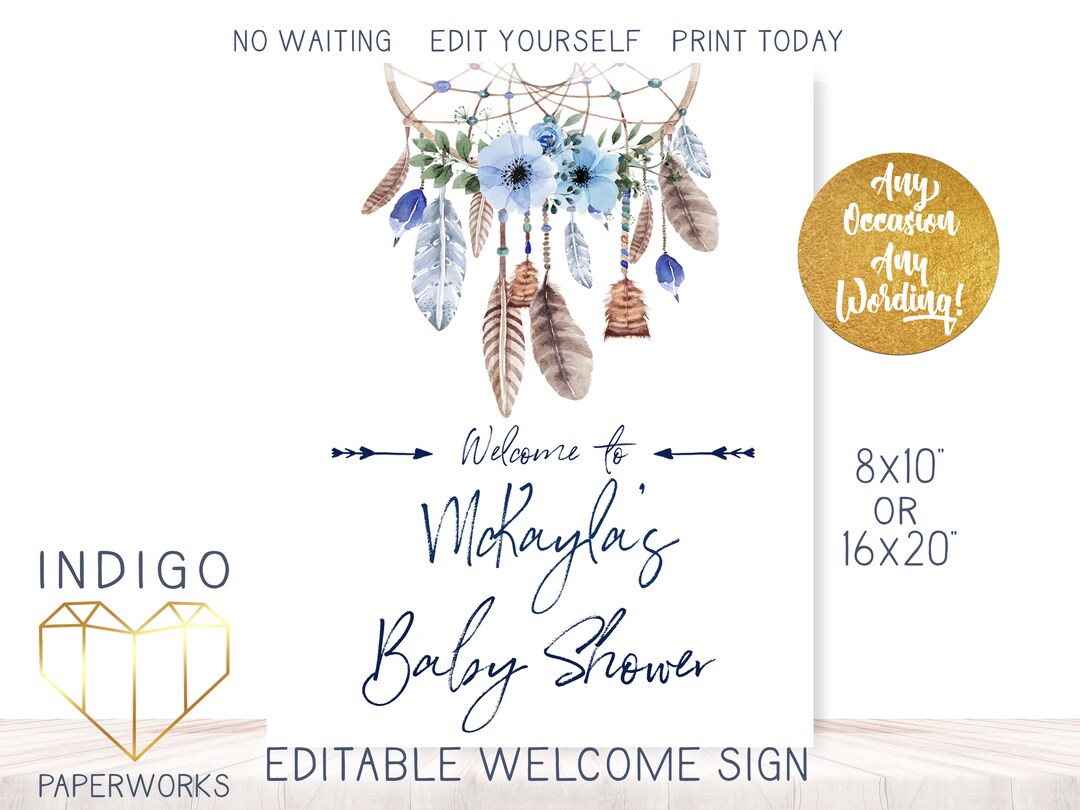 Printable Dream Catcher Welcome Sign, Blue Tribal Baby Shower Poster ...