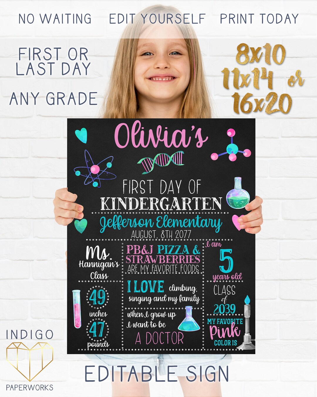 Printable STEM First Day of School Chalkboard Sign, Reusable Girl's ...