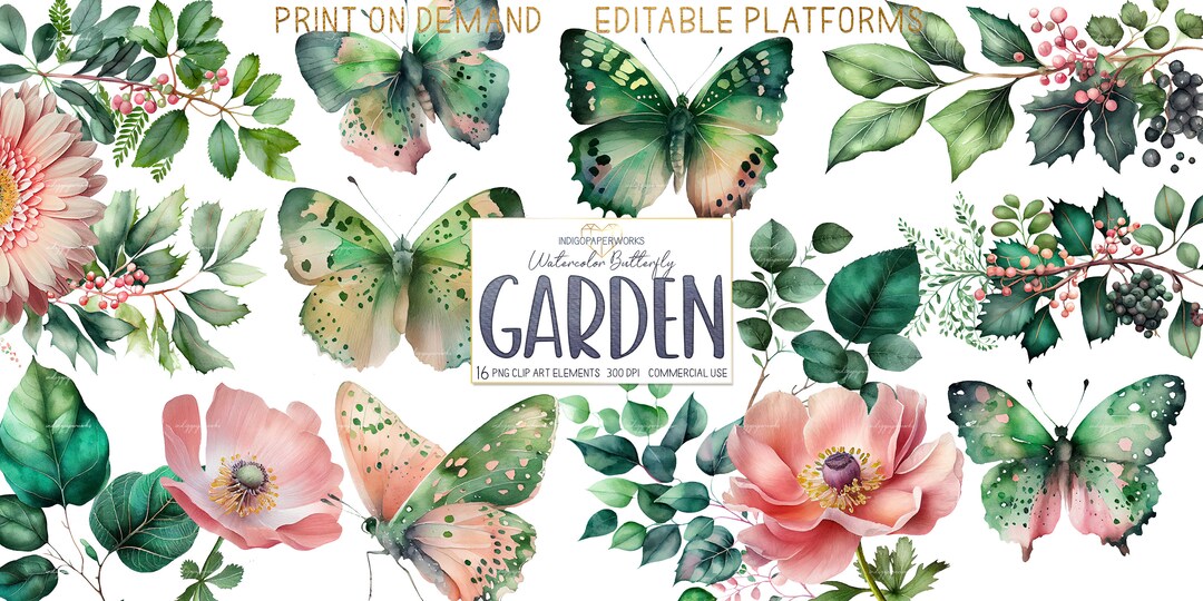 Watercolor Butterfly Garden Clipart- 16 Cute Butterflies, Pink and Aqua ...