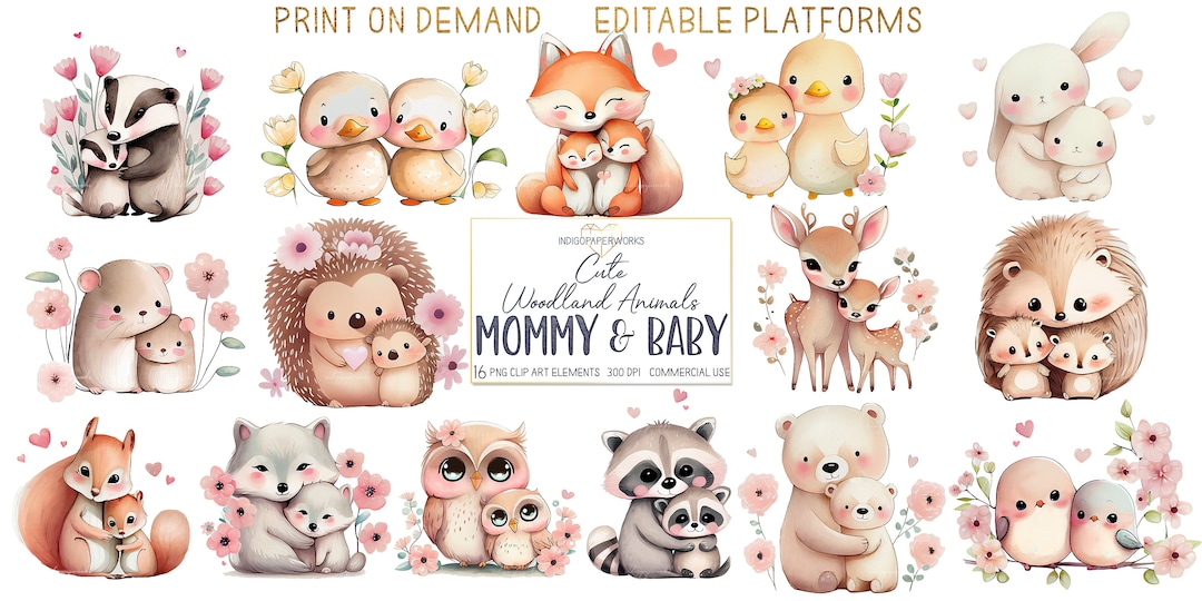 Watercolor Cute Mother and Baby Animals Clipart- 15 Lovely Watercolor ...