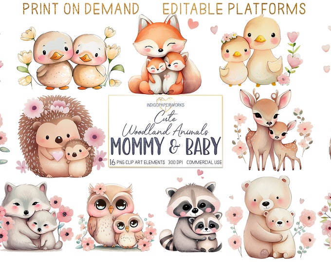 Watercolor Cute Mother and Baby Animals Clipart- 15 Lovely Watercolor ...