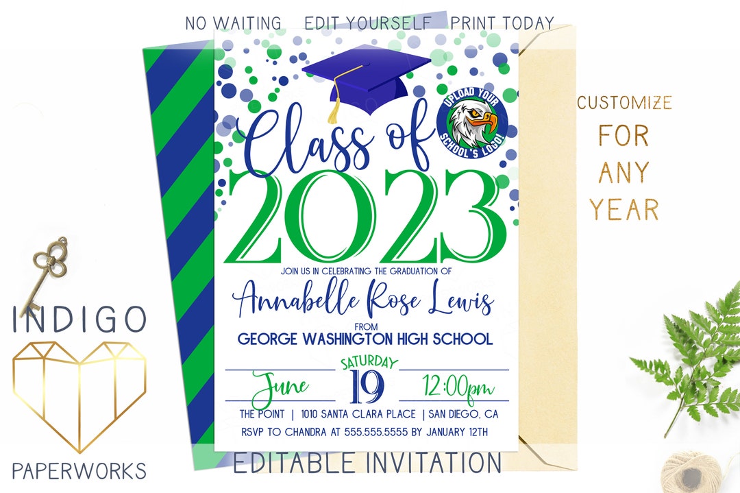 Printable 2023 Graduation Party Invitation, Green and Blue Digital Grad ...
