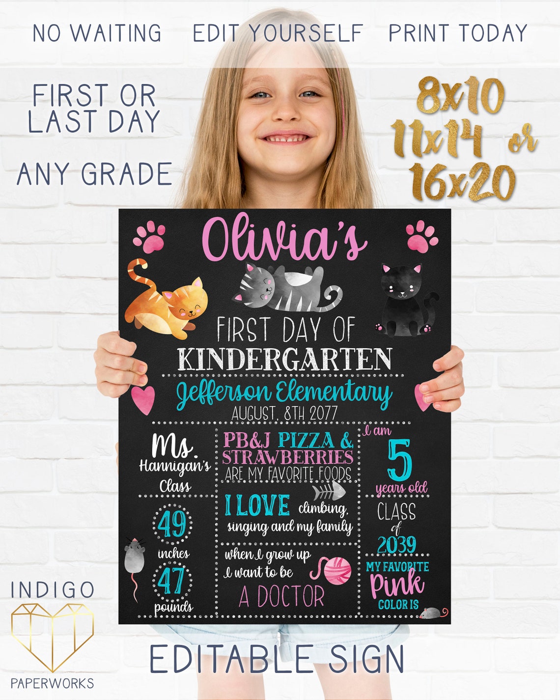 Printable Kitty Cat First Day Of School Chalkboard Sign | Etsy