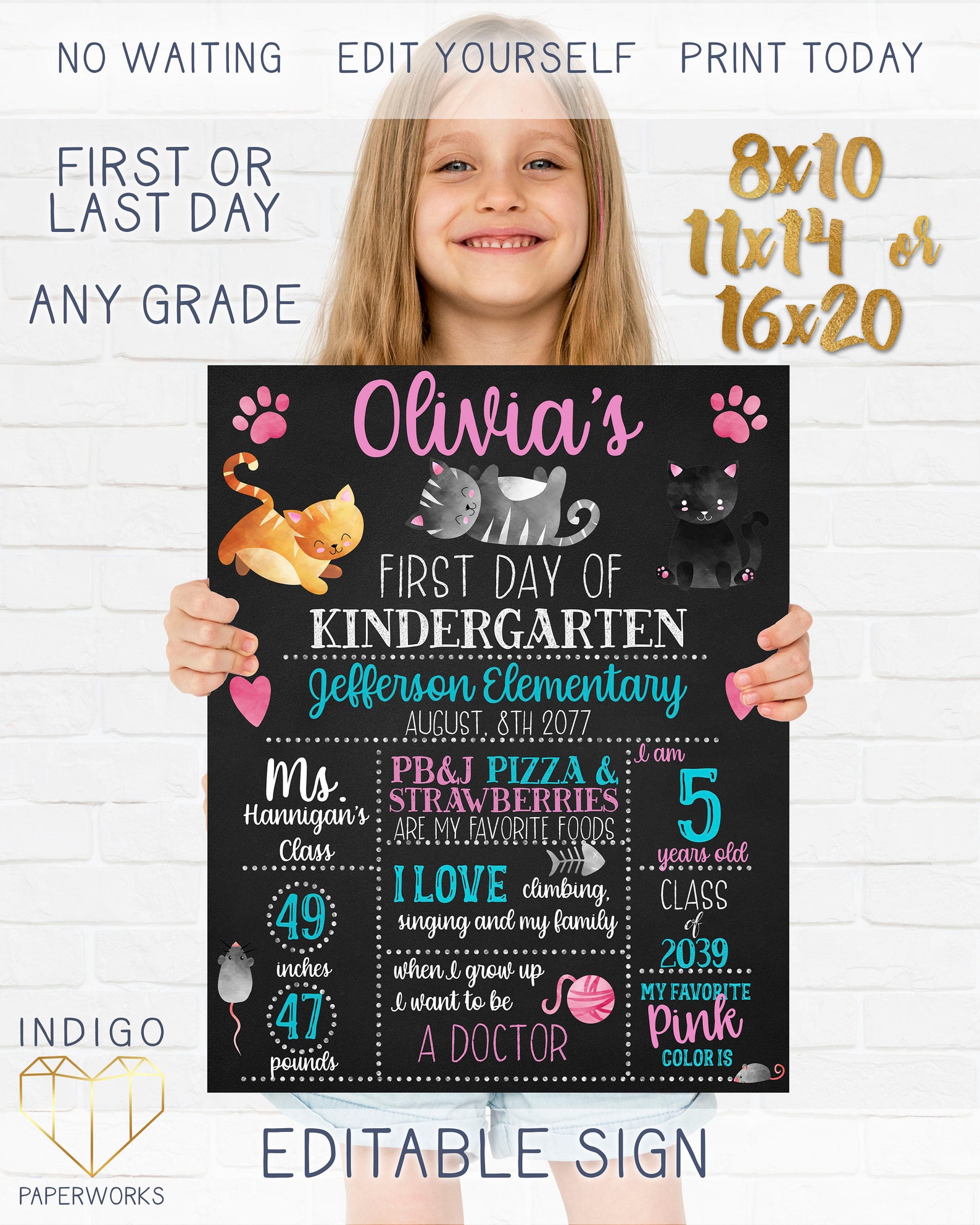Printable Kitty Cat First Day Of School Chalkboard Sign | Etsy