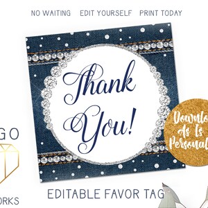 Denim and Diamonds Party Favor Tags, Blue Jeans Bling Thank You 2 ...