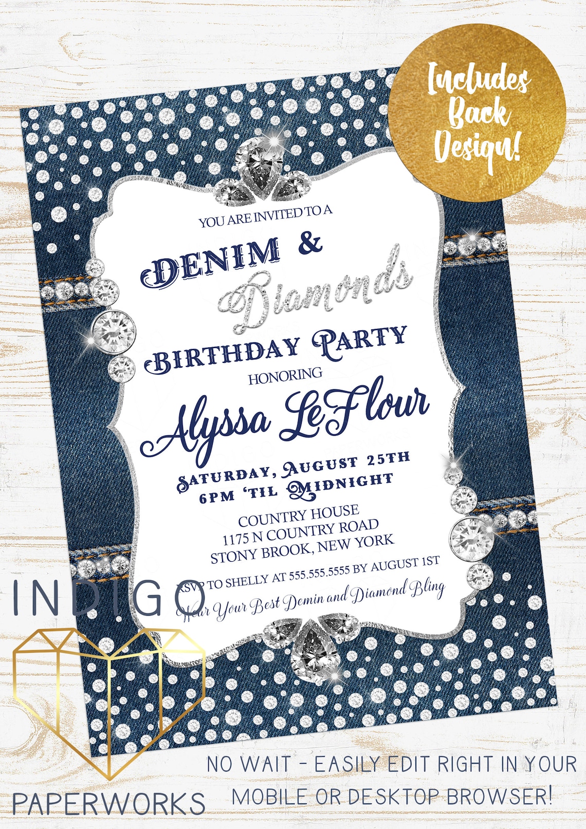 Denim and Diamonds Party Invitation Blue Jeans Bling Birthday | Etsy