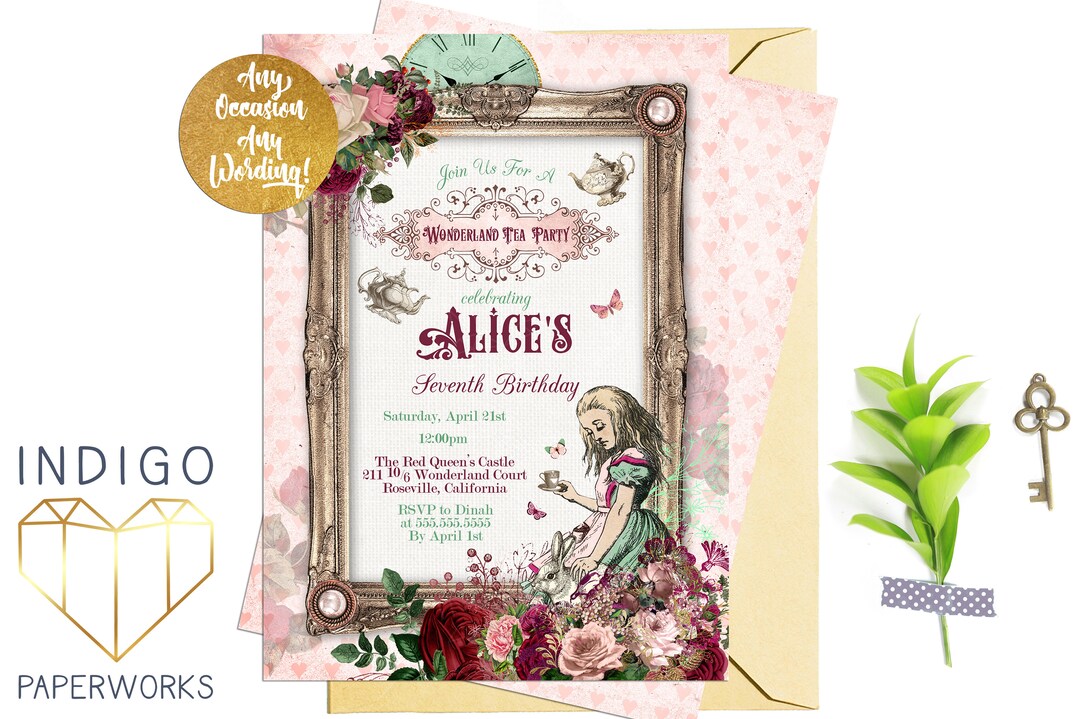 Girl's Birthday Alice Invitation, Blush Pink and Mint Green Wonderland ...