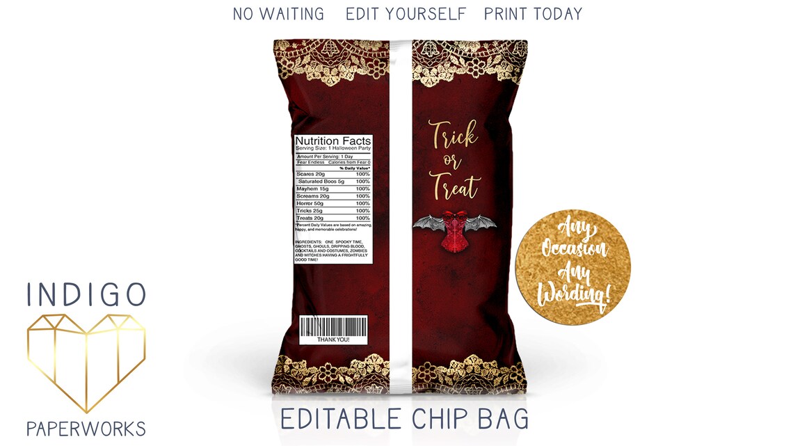 Printable Vintage Skull Chip Bag Halloween Party Favor Bag | Etsy