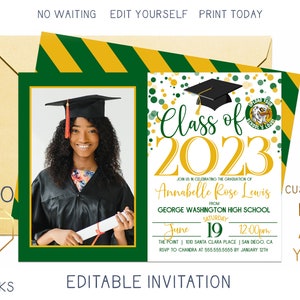 Printable 2023 Graduation Party Invitation With Photo, Green & Yellow ...