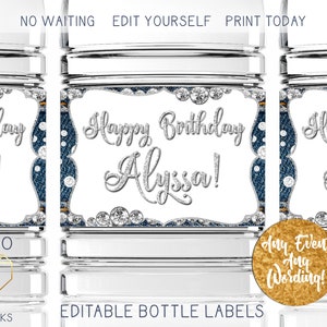 Denim and Diamonds Printable Water Bottle Labels, Personalized Blue ...
