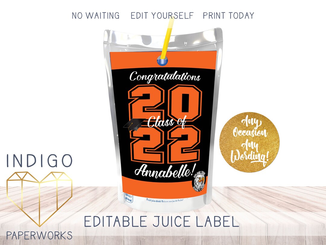 Printable 2023 Graduation Juice Label Black and Orange - Etsy