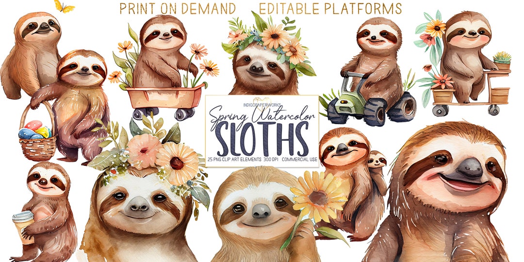 Cute Watercolor Spring Sloths Clipart- 25 PNG Sloth Graphic Elements ...
