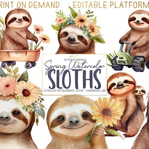 Cute Watercolor Spring Sloths Clipart- 25 PNG Sloth Graphic Elements ...