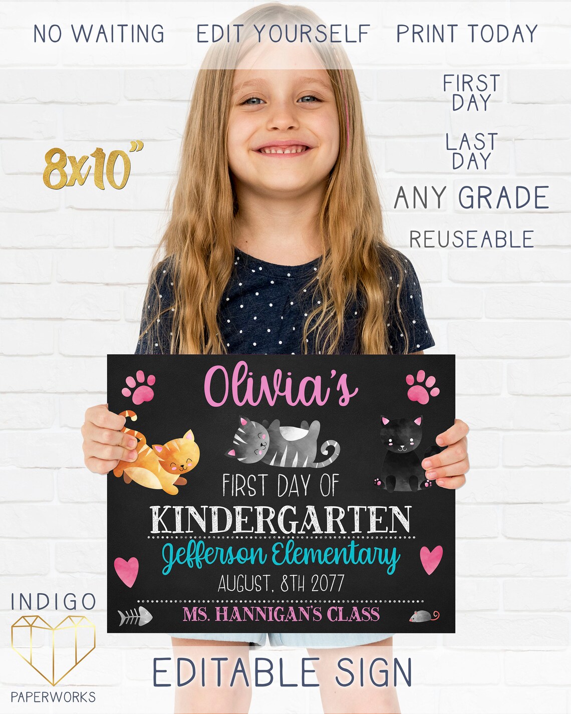 Printable Kitty Cat First Day of School Chalkboard Sign - Etsy
