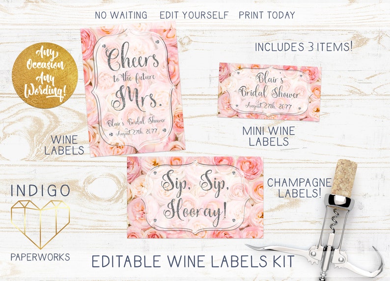Rose Garden Bridal Shower Printable Wine Bottle Label Set | Etsy
