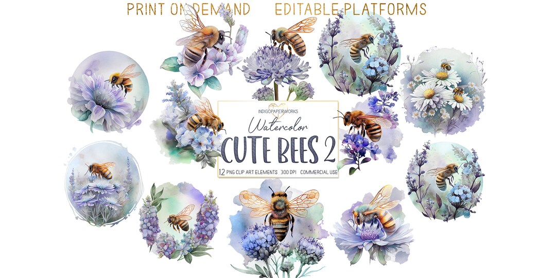 Watercolor Bees Scene Floral Clipart - 14 PNG Cute Watercolor Honey Bee ...