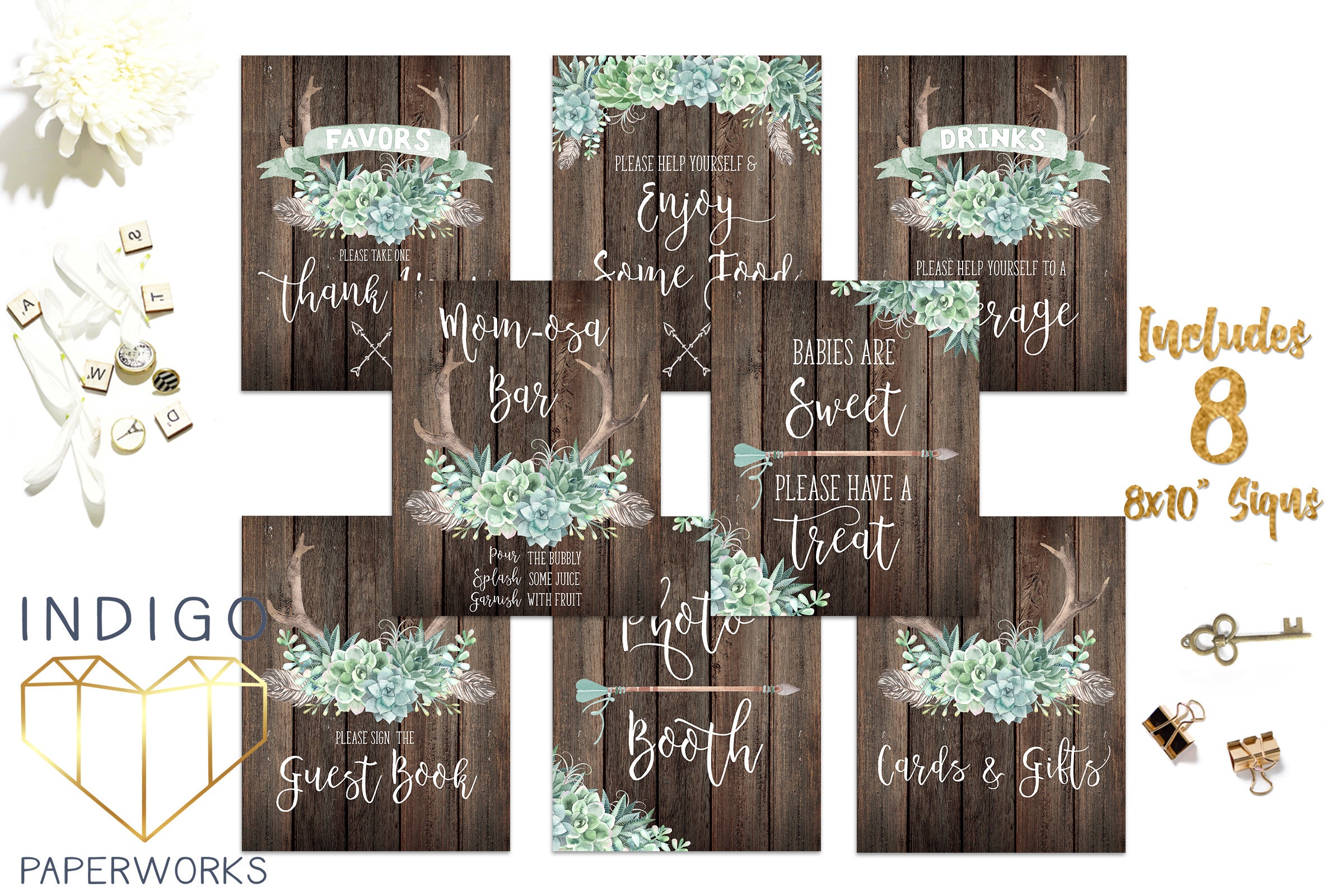 Rustic Succulent Baby Shower Signs Set Printable Boho Oh Deer - Etsy