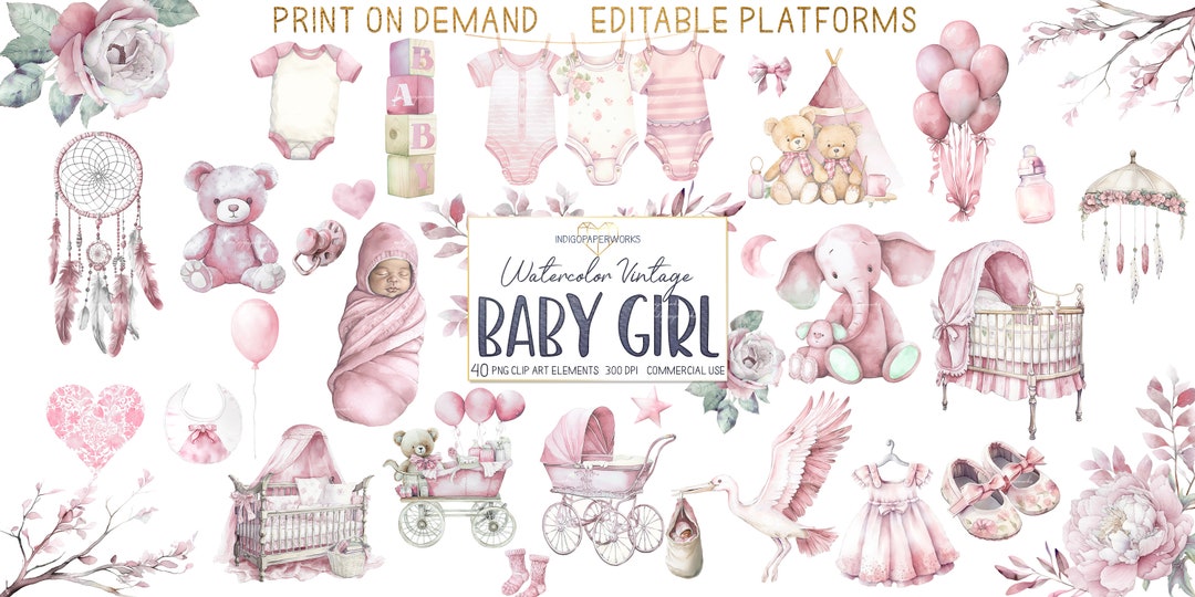 Watercolor Baby Girl Clipart- 40 PNG It's a Girl Vintage Nursery and ...