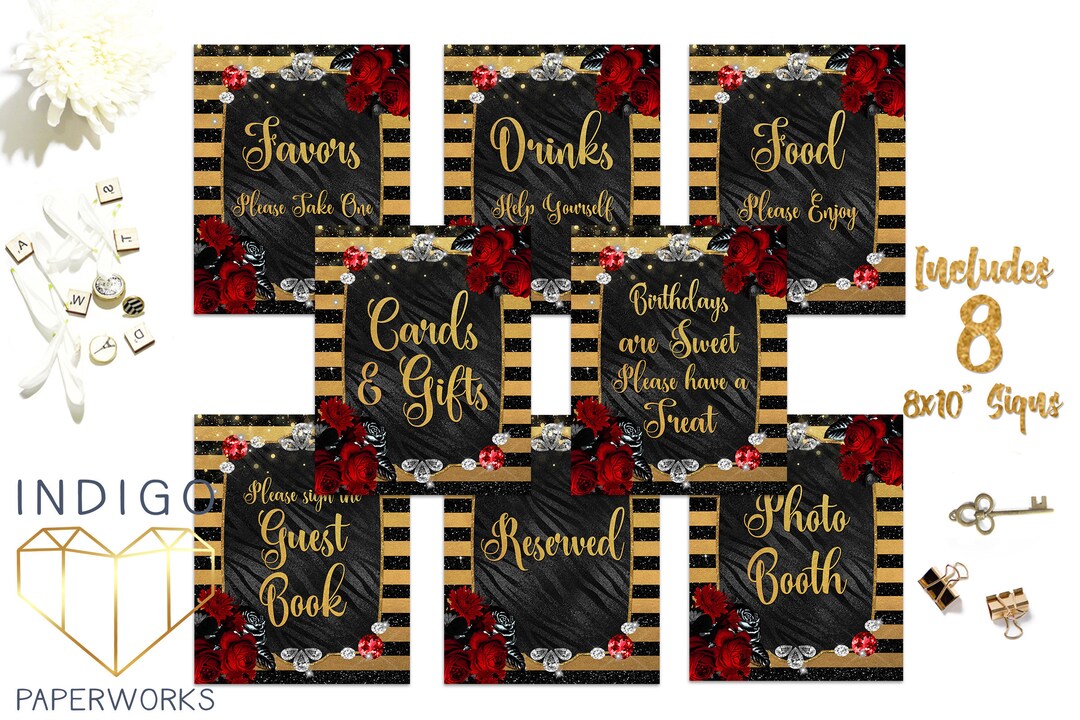 Glam Gold Birthday Table Sign Set, Printable Black Striped Flowers and ...