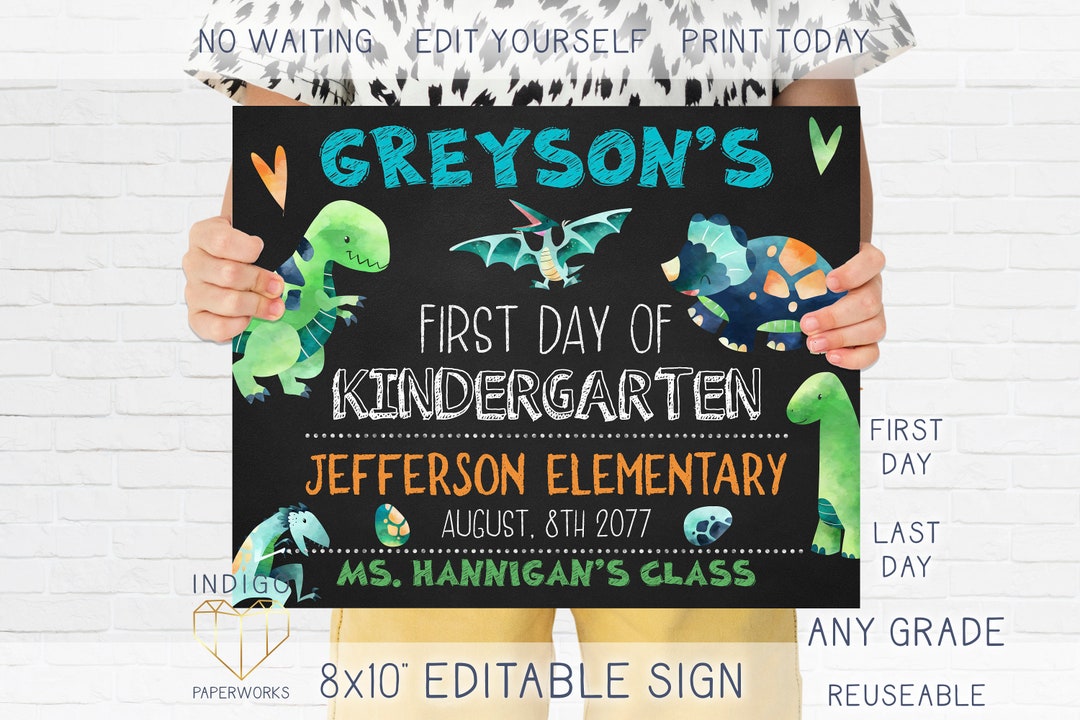 Printable First Day of School Dinosaur Chalkboard Sign, Reusable Last ...