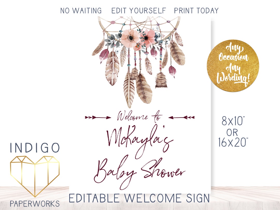 Printable Dream Catcher Welcome Sign, Blush and Burgundy Baby Shower ...