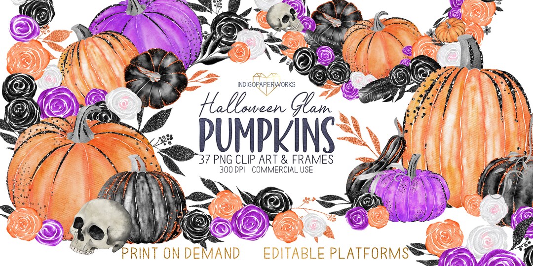 Halloween Watercolor Pumpkin Clip Art- Glitter Glam Pumpkin and Gourd ...