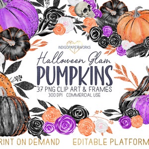 Halloween Watercolor Pumpkin Clip Art- Glitter Glam Pumpkin and Gourd ...