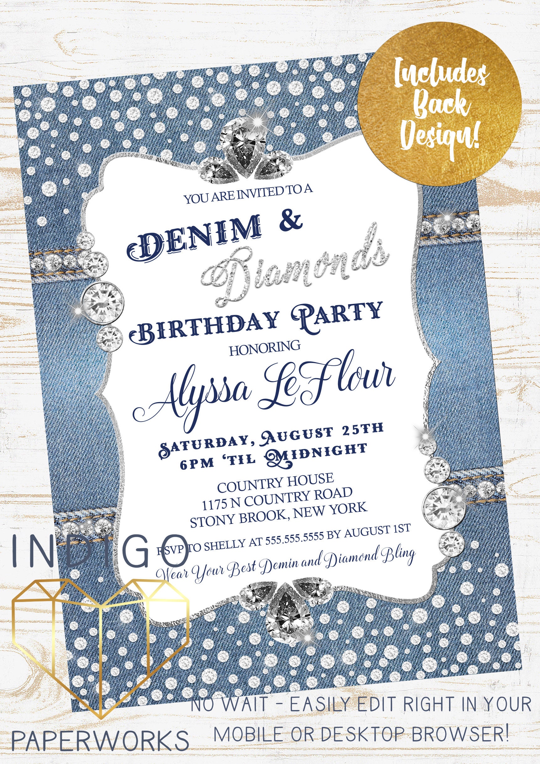 Denim and Diamonds Party Invitation Blue Jeans Bling Birthday - Etsy