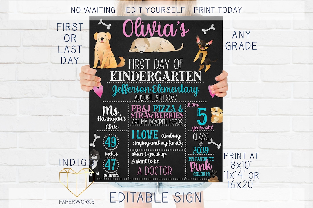Printable Puppy Dog First Day of School Chalkboard Sign Reusable Girls ...
