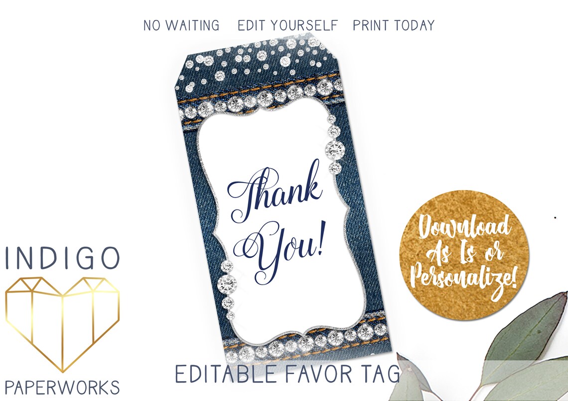 Denim and Diamonds Party Favor Tags Blue Jeans Bling Birthday | Etsy