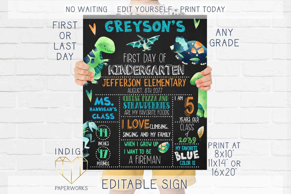 Printable Dinosaur First Day of School Chalkboard Sign - Etsy