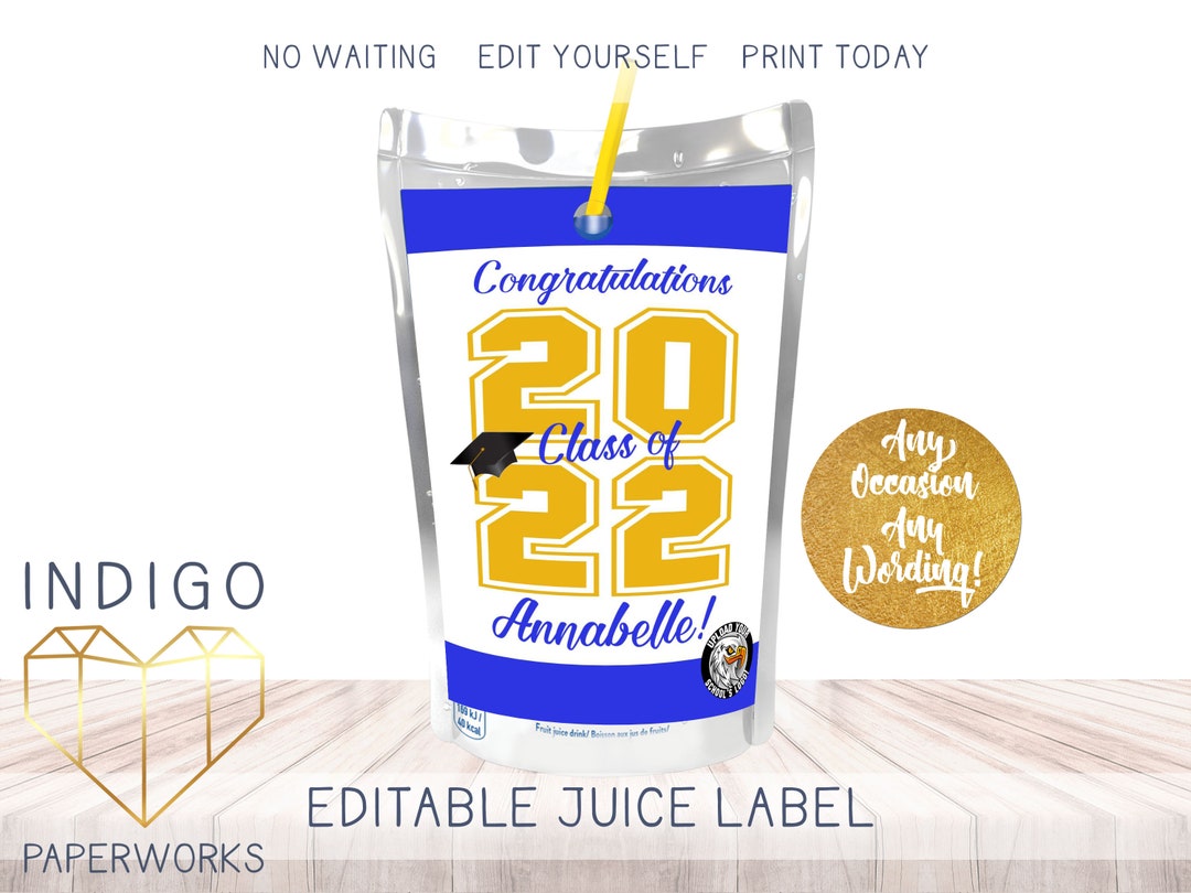 Printable 2023 Graduation Juice Label, Royal Blue & Gold Classic Grad ...