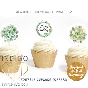 Succulent Cupcake Toppers, Succulent Greenery Birthday Party, Cactus ...