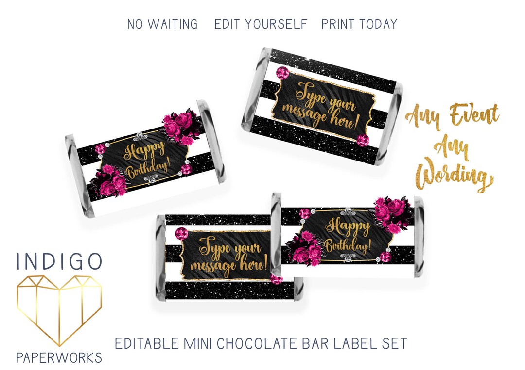 Printable Glam Striped Mini Candy Bar Label, Black & White Custom ...
