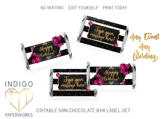 Printable Glam Striped Mini Candy Bar Label Black & White | Etsy